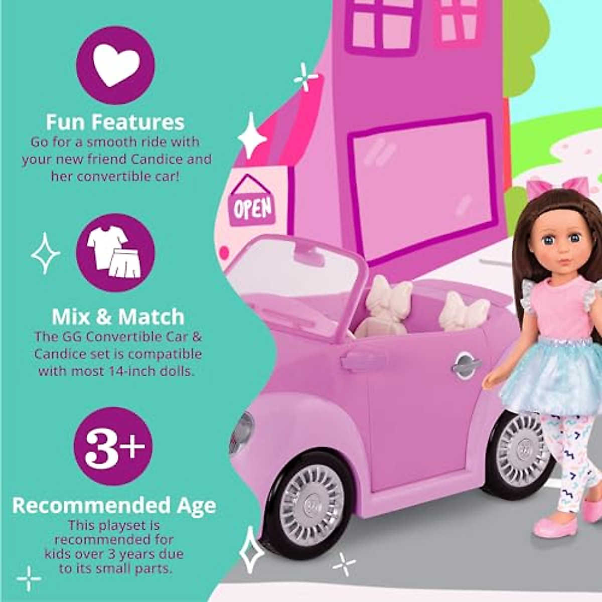 Glitter Girls – Purple Convertible Car & 14-inch Poseable Doll Candice – Rolling Wheels, Opening Doors, Trunk & Interior Storage – Toys, Clothes, and Accessories for Ages 3+