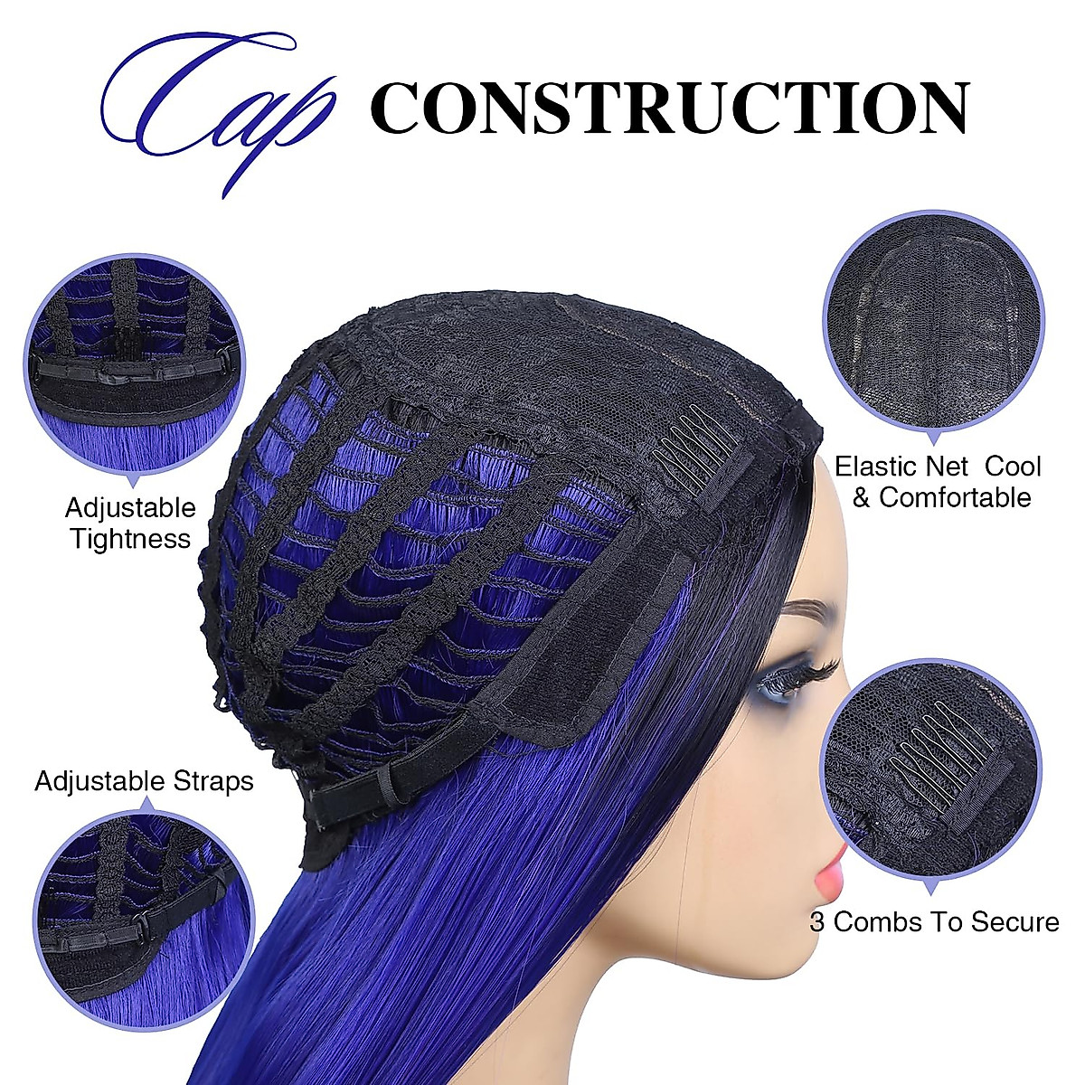 WIGER Long Straight Ombre Wigs Rainbow Mermaid Purple Wigs for Women Black To Blue To Hot Pink No Lace Three-Tone Colored Cosplay Hair 26 Inches Synthetic Girls Party Wig