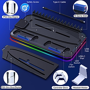 PS5 Slim Stand Cooling Station for Playstation 5 Slim Console Disc/Digital,PS5 Accessories Cooling Stand with 3-Level Cooler Fan,Dual PS5 Controller Charger,RGB Light,Headset Holder,15 Game Slot-Black