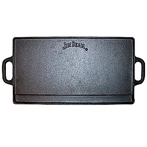 Jim Beam Skillet Pre Seasoned Heavy Duty Construction Double Sided Cast Iron Griddle Pan with Superior Heat Retention, 20"x1"x9", Large, Black,BBQ168