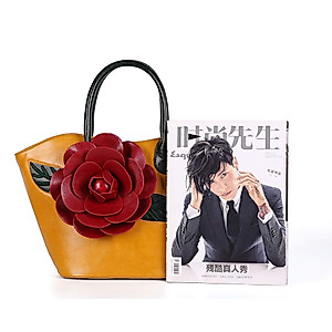 VANILLACHOCOLATE Women Purse Large Rose Flower Handbag Faux Leather Tote Bag (Yellow)