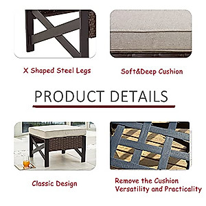 LOKATSE HOME Outdoor Metal Ottoman Patio Rattan Furniture Wicker Footstool Seat with Cushion, Brown