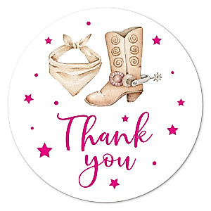 Cowgirl Boots Thank You Stickers, 2 Inch Girl Pink Western Birthday Baby Shower Party Favor Labels 40-Pack