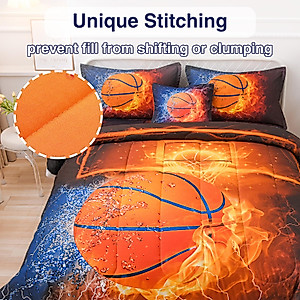 A Nice Night Basketball Print,with Fire and Ice Pattern, Comforter Quilt Set 6PCS Bedding Sets, for Boys Kids Teen (Basketball, Full)
