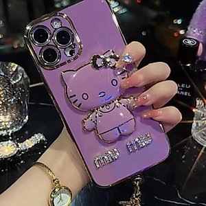 Fancy Kitty Phone Case for Iphone14 Pro Max, 6D Plating MIUMIU with Wrislet Beaded Staps Keyring, Mirror with Kickstand Design, Luxury and Girly, Glossy, Hands-Free (Purple)