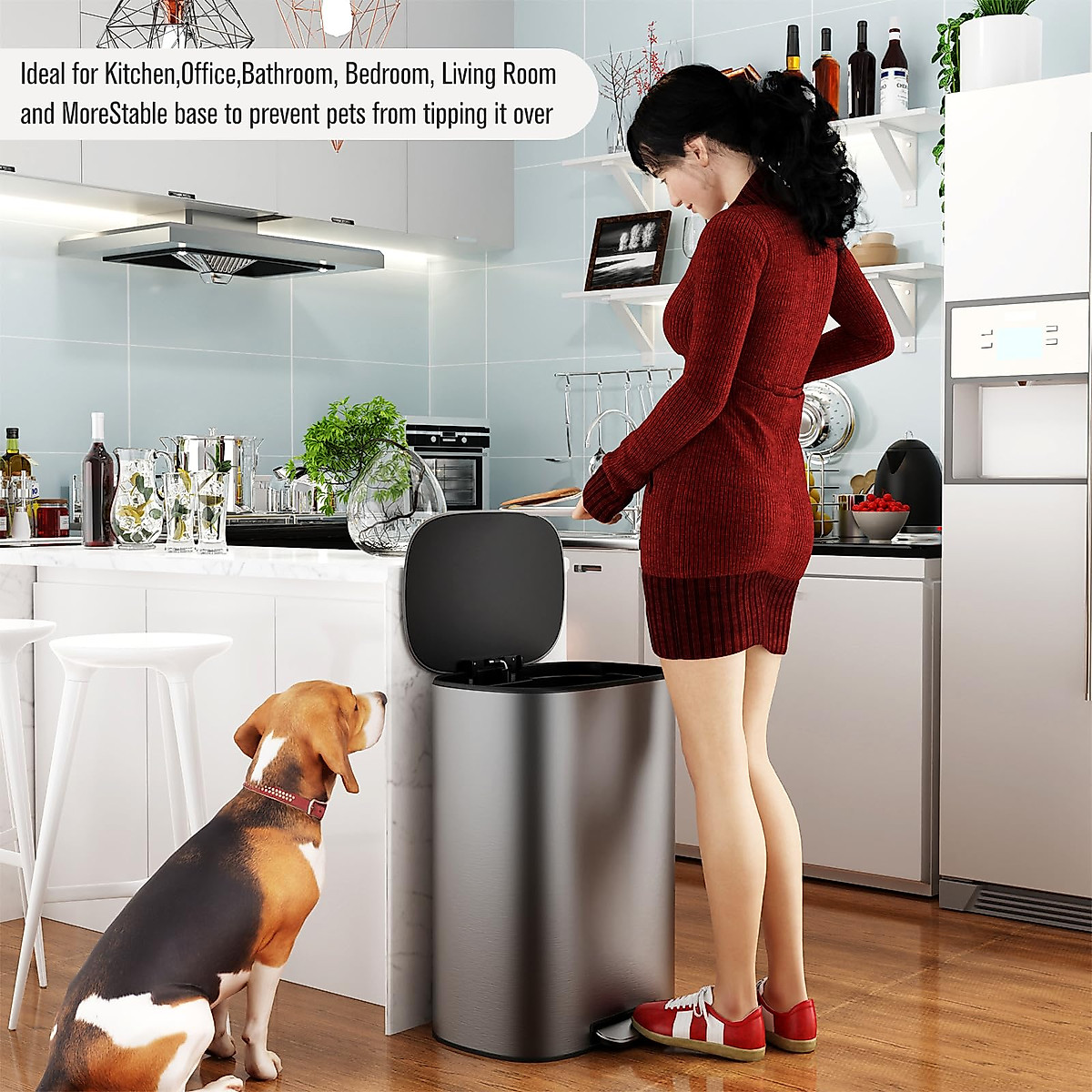 Ufurpie 13 Gallon Trash Can Metal Foot Pedal Stainless Steel Kitchen Trash Can with Lid Quiet Soft Close, Large Garbage Can with 30 Garbage Bags for Office, Living Room, Bathroom, Home & Commercial