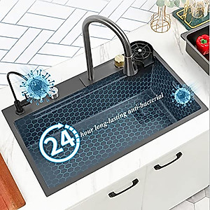 IXOAKQ Undermount Kitchen Sink Waterfall Matte Black Topmount Single Bowl 304 Stainless Steel Basin Kitchen Bath Fixtures with Integrated Ledge and Accessories, 68x46cm (Black)