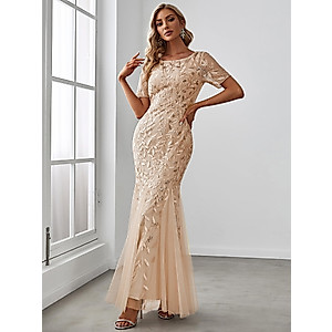 Ever-Pretty Women's Sexy Tulle Short Sleeve Sequins Summer Mermaid Prom DressGold US12