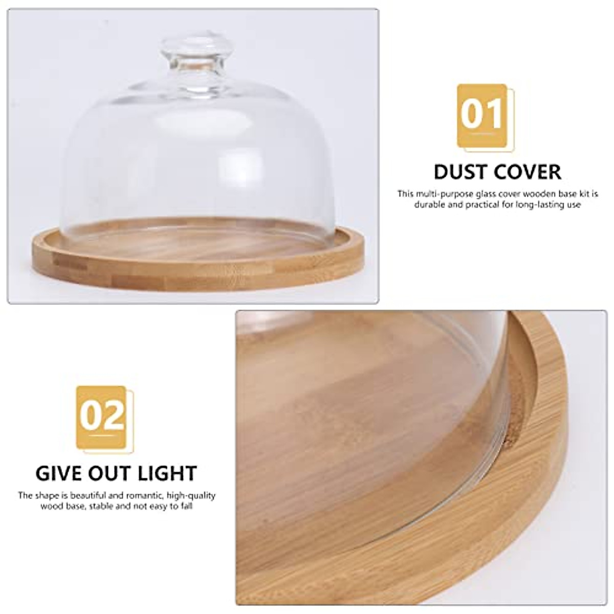 Cabilock Wood Cake Tray with Glass Dome Round Clear Cloche Dome Cake Plate Server Cake Display Cover Glass Cake Pan Cover Food Plate Lid for Cake Dessert Cheese Pastries 6. 5inch