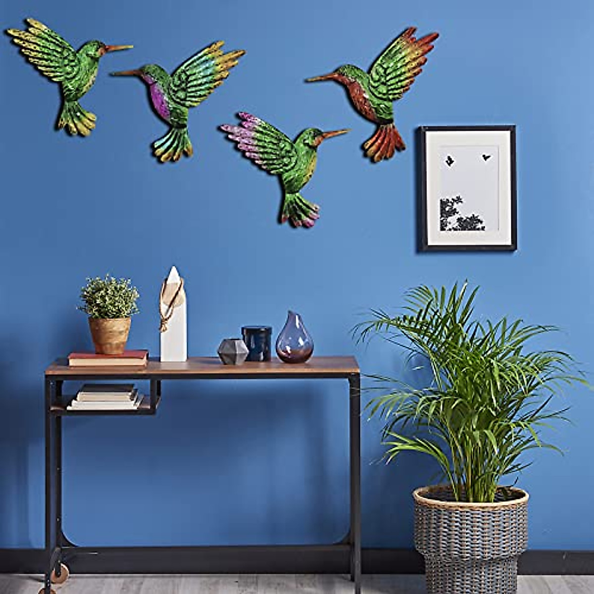 XIUDEEN Metal Hummingbird Wall Art Decor, Metal Birds Outdoor Wall Sculpture Decoration Hanging for Deck, Garden Fence, Backyard, Patio, Bedroom, Living Room.4PCS Outdoor Hanging Decoration