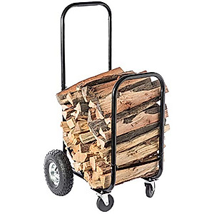 Gardenised Black Firewood Rack Outdoor Indoor, Heavy Duty Firewood Carrier with Front Wheels Wood Fireplace Tool Rack, Rolling Storage Cart Cover Included
