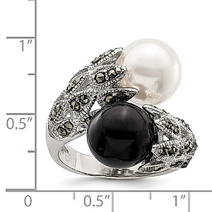 Solid 925 Sterling Silver Marcasite Black and White Plastic Imitation Pearl Ring Band Size 7