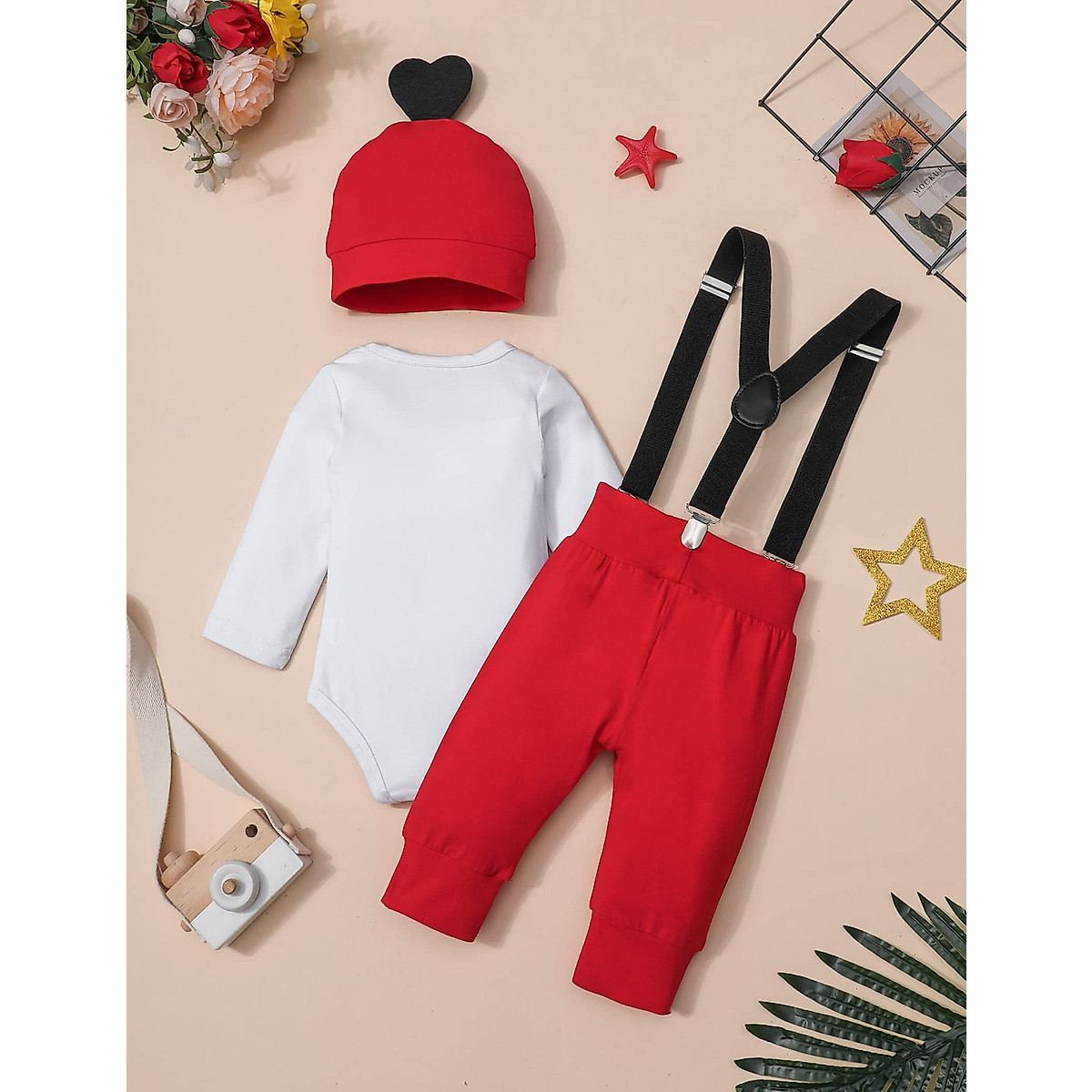 Baby Boy Valentines Day Outfit, Cute Letter Printed Long Sleeve Romper with Bow Tie + Pants + Hat 3Pcs Set
