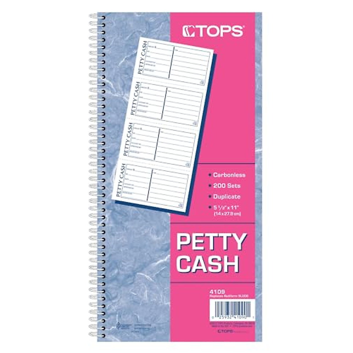 TOPS Spiral Petty Cash Receipt Book, 2-Part, Carbonless, 4 Messages per Page, 200 Sets per Book (4109)