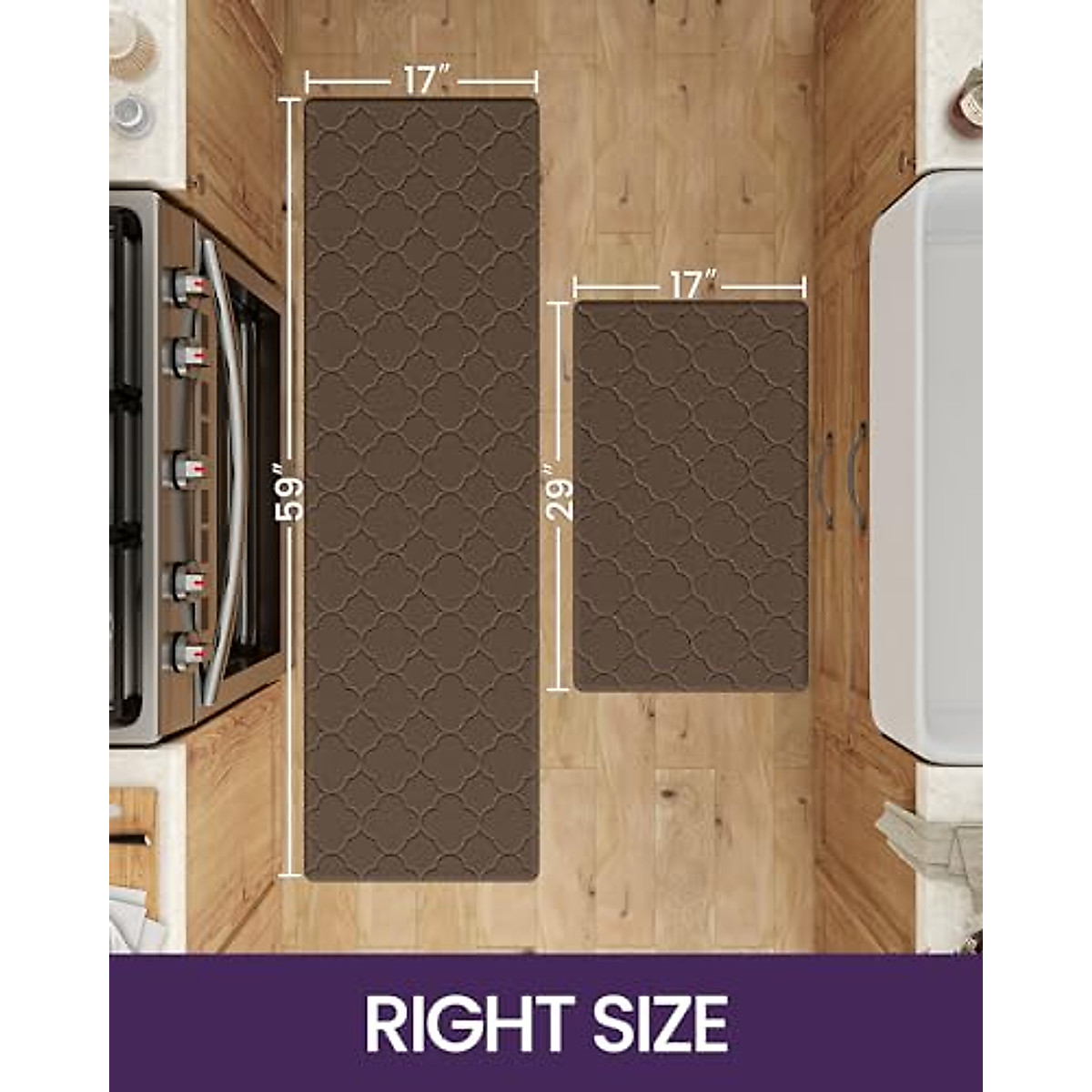 DEXI Kitchen Rugs Anti Fatigue Mats for Floor Cushioned Runner Rug Non Skid Comfort Foam Standing Mat for Office, Sink, 2 Pieces Set 17"x29"+17"x59", Brown