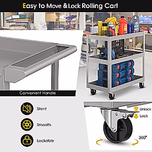 IRONMAX 3-Tier Utility Service Cart, 400 Lbs Heavy Duty Metal Trolley Rolling Cart w/Ergonomic Flat Handle, Lockable 360°Swivel Wheels, Chic Mechanic Tool Cart for Garage Warehouse & Repair Shop