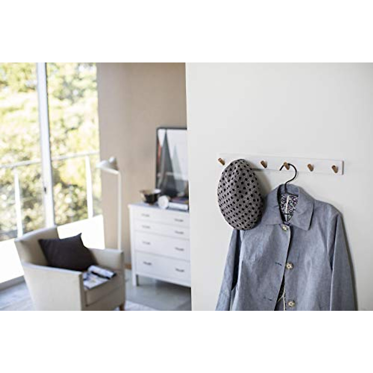 Yamazaki Home Wall-Mounted Saving Coat Hanger-Modern Jacket Holder | Steel + Wood | Hooks, One Size, White