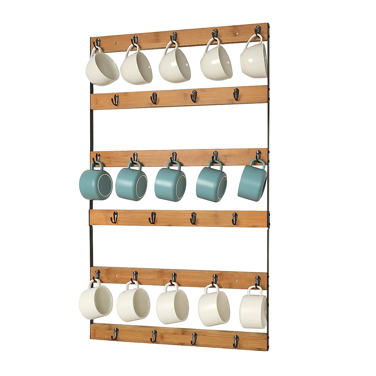 Aomomery Coffee Mug Rack,Rustic Coffee Mug Holder Wall Mounted,Bamboo Coffee Cup Holder with 27 Mug Organizer Hooks,Large 6-Tier Mug Display for Kitchen