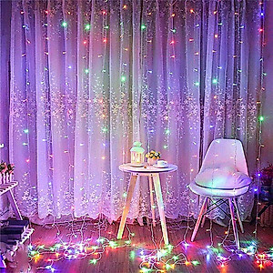 Solar Curtain String Lights Outdoor, AMZSTAR Waterproof 300LED Fairy Window String Lights Twinkle Solar Lights 8 Modes Wedding Party Home Garden Bedroom Outdoor Indoor Wall Decorations (Multicolor)