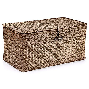 Hipiwe Wicker Shelf Baskets Bin with Lid, Handwoven Seagrass Basket Storage Bins Rectangular Household Basket Boxes for Shelf Wardrobe Home Organizer, Coffee Medium