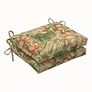 Pillow Perfect Tropic Floral Indoor/Outdoor Square Corner Chair Seat Cushion with Ties, Plush Fiber Fill, Weather, and Fade Resistant, 16" x 18.5", Tan Botanical Glow, 2 Count