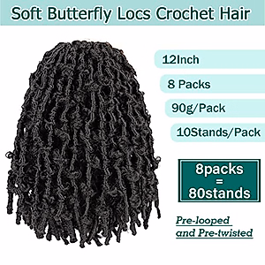 Re4u Butterfly Locs Crochet Hair 12 Inch, 8 Packs Distressed Butterfly Twist Crochet Hair For Black Women, Butterfly Locs Crochet Braids (1B#)
