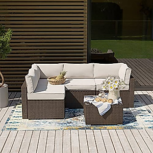SUNBURY 5-Piece Outdoor Sectional Wicker Sofa in Off White Cushions, Brown Wicker Patio Furniture Set w Glasstop Table for Backyard Garden Porch