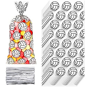 Outus 100 Pieces Volleyball Bags Volleyball Gifts Bags Volleyball Treat Bags Volleyball Print Cellophane Goody Bags with 200 Pieces Twist Ties for Birthday Party Supplies Goody Favor (Transparent)