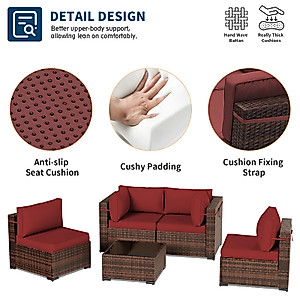 UDPATIO Patio Furniture Sets, Modular Rattan Outdoor Patio Sectional Furniture Sofa Set, Wicker Patio Conversation Set for Backyard, Deck w/Table, 5pc Brown/Red (Include Sofa Cover)