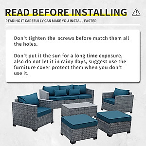 Lviden 6 Pieces Wicker Patio Furniture Sets Outdoor Conversation Set PE Rattan Sectional Sofa Couch with Storage Table and Peacock Blue Cushions