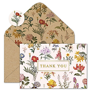 Whaline 24 Pack Wildflower Thank You Cards Vintage Floral Greeting Cards with Envelopes Stickers Gold Foil Retro Spring Blank Note Cards for Wedding Bridal Baby Shower Birthday, 4 x 6 Inch