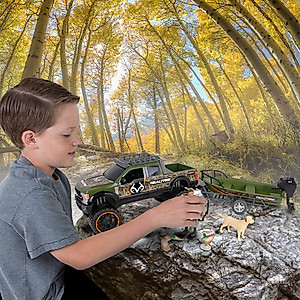 NKOK Realtree Camo 1/18 Scale Free-Wheel Playset 11-PC, Ford F-250 Super Duty w/Fishing Boat & Trailer & Accessories: Roof Rack, Light Bar, Working Doors & Tailgate, Hunter, Dog, 2 Ducks, Bow&Arrows