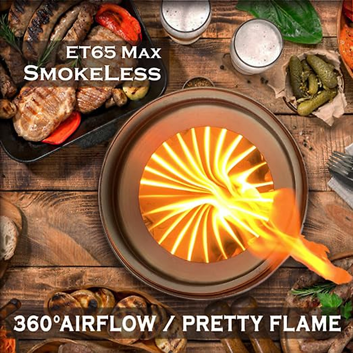 ETSWAUGO, 304 Stainless Steel Tabletop Fire Pit with Stand, Smokeless Small Tabletop Stove for Camping, Urban & Suburbs,Mini Fire Pit Fueled by Pellets or Wood, 8.8" x 6.5", 2.7lbs, ET65 Max