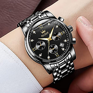 OLEVS Men Watches with Date Bussiness Watches for Male Luminous Quartz Mens Watches Waterproof with Stainless Steel Strap Stopwatch Timing Function (Black Band Black dial)