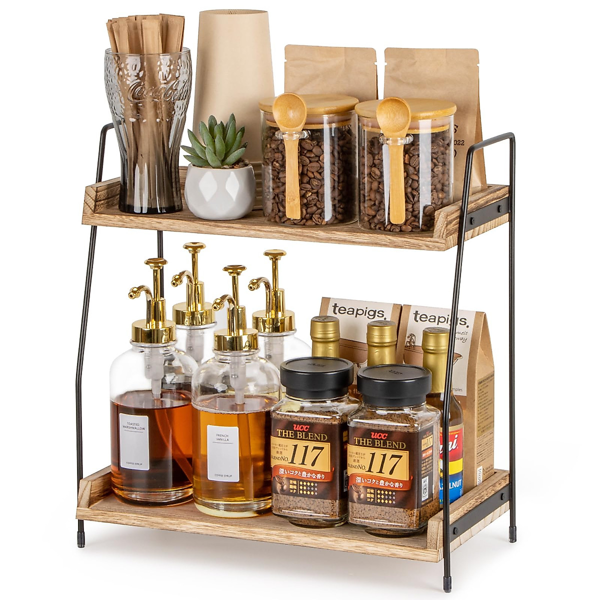 ANBOXIT Countertop Coffee Station Organizer, 2 Tier Wooden Shelf for Coffee Bar Accessories, Condiment Storage Caddy for Kitchen, Home, Office - Brown