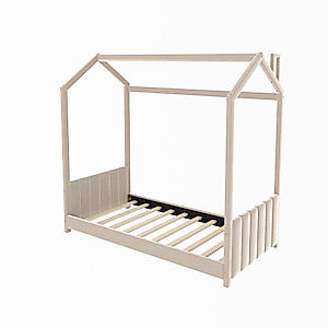 Harper & Bright Designs Twin House Bed for Kids, Montessori Floor Bed Twin Platform Bed with Headboard and Footboard, Velvet Twin Bed with Roof for Girls Boys, No Box Spring Needed (Velvet Beige)