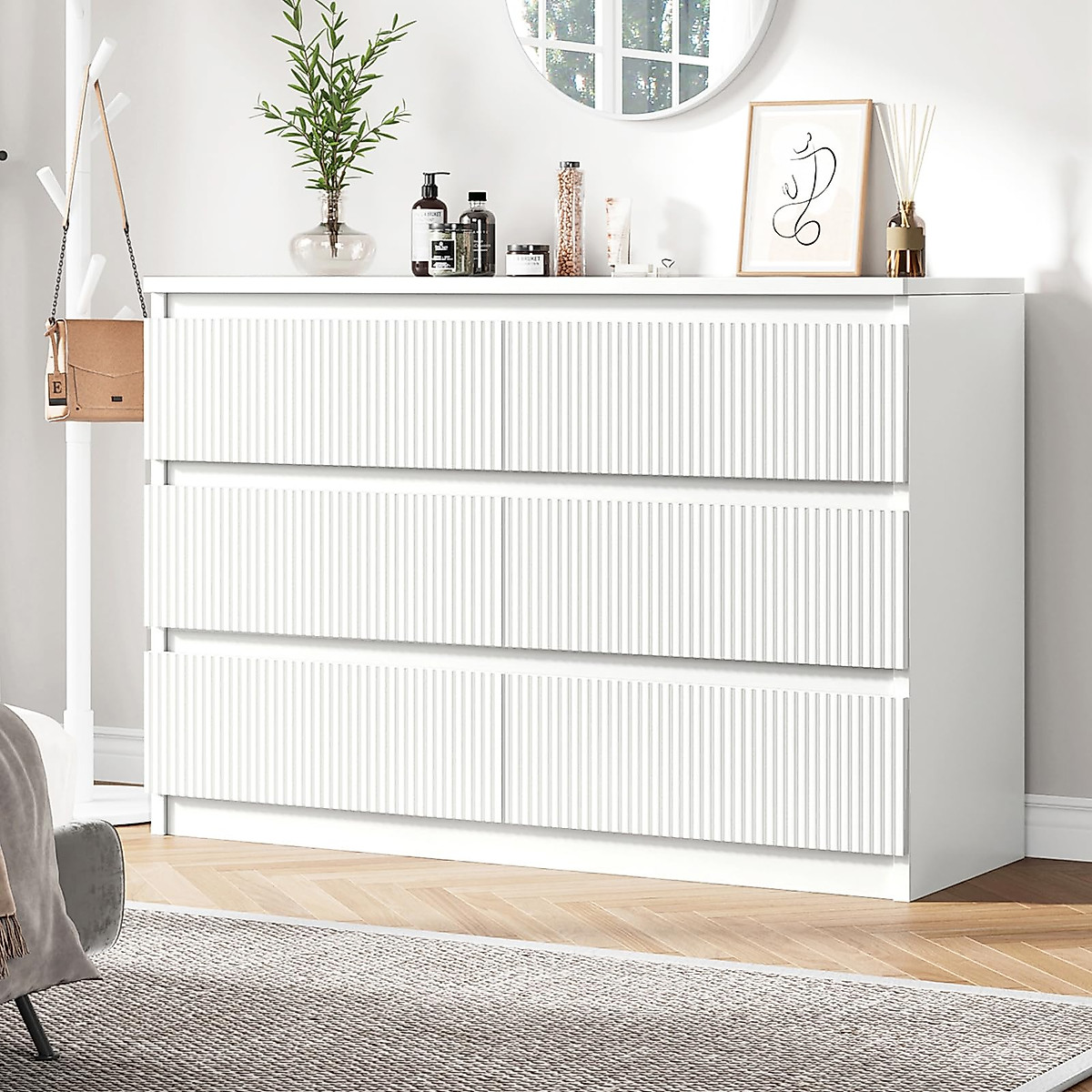 Jocoevol White Dresser 6 Drawer Dresser for Bedroom, Modern Fluted Dresser with Deep Drawers, Large Double Wooden Dresser Chest of Drawers for Living Room, Hallway, Entryway (White)