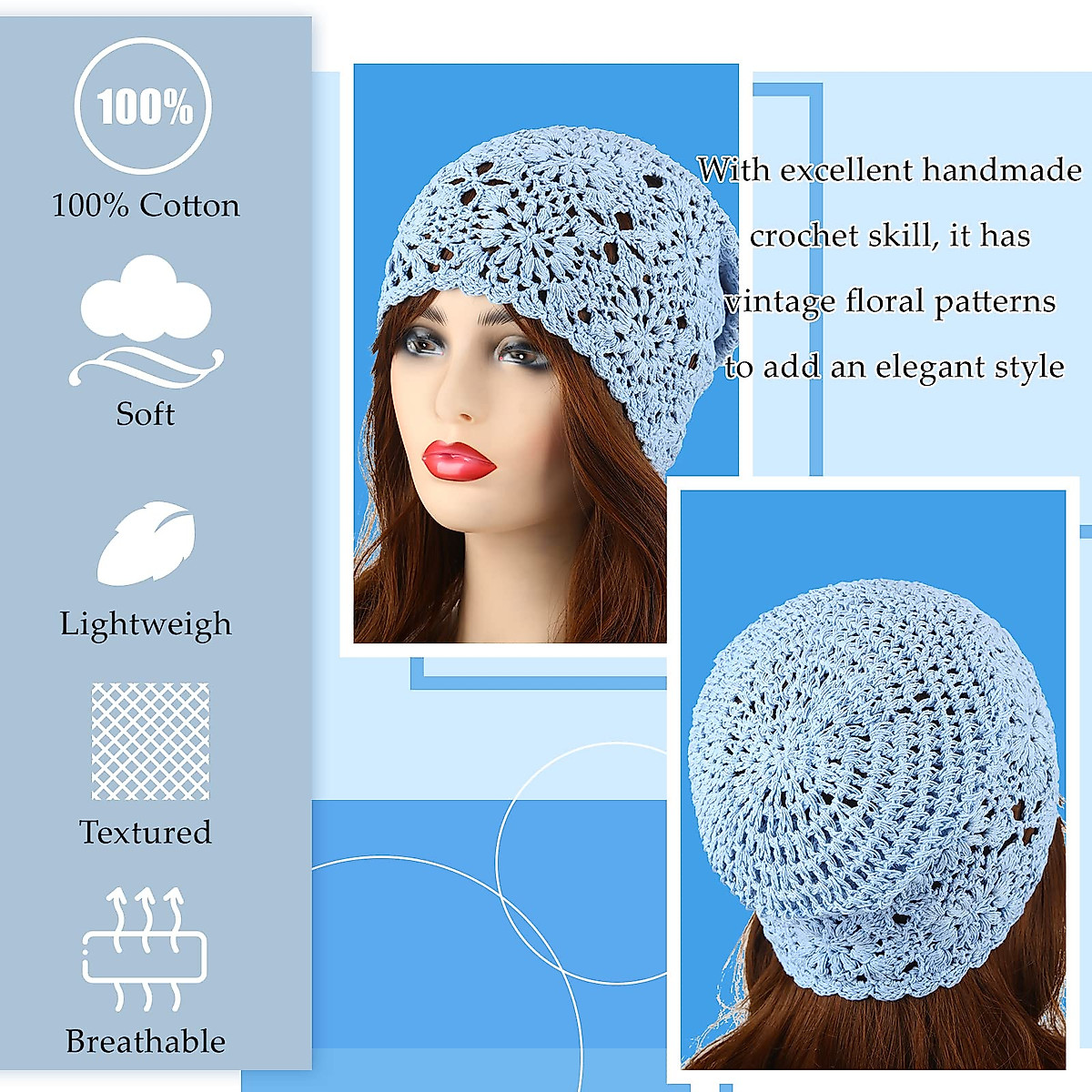 JenPen 6 Pcs Women Crochet Hat Slouchy Knit Beanie Cotton Handmade Knit Hat Summer Winter Soft Comfortable Floral Skull Cap(Classic Color)