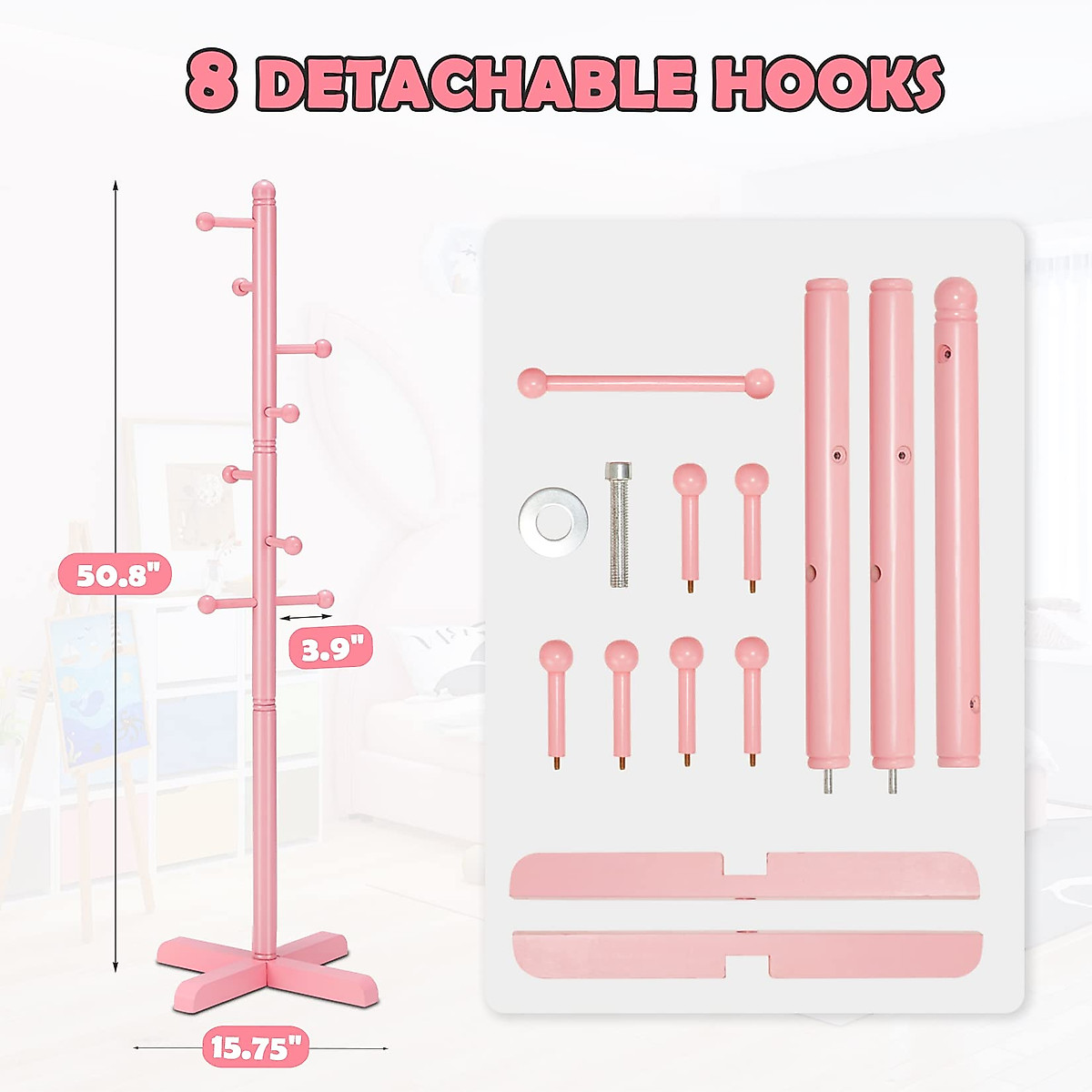 Azaeahom Cross Coat Rack Freestanding Clothing Hanger Home Racks, Wooden Coat Tree Stand with 8 Hooks 2 Adjustable Height, Easy Assembly in Entryway, Room for Hat, Umbrella etc (Pink)