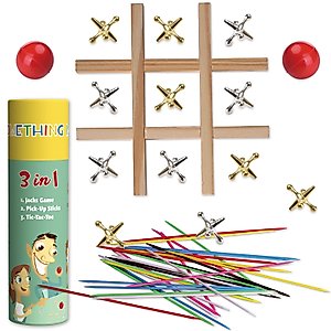 TriMagic 3-in-1 Family Games for Kids and Adults - Jacks Game with Ball, Pick Up Sticks, Wooden Tic Tac Toe Game- Classic Coffee Table Top Decor, Old Fashioned Toy Gift for Birthday Christmas Party