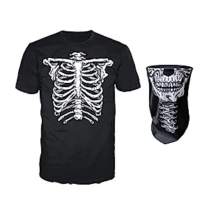Glow in The Dark Skeleton T-Shirt with Face Skull Mask Bandana Balaclava Neck Gaiter Halloween Costume for Men, Women, Adults