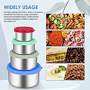 ikitchen Stainless Steel Snack Containers with Leakproof Silicone Lids, Salad Dressing Containers for Kids Reusable Metal Nesting Lunch Condiments Container Food Storage Set of 4