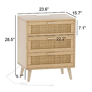 Rovaurx Rattan Nightstand with Charging Station, Night Stand with 3 Drawers, 23.6" W Bedside End Table for Bedroom, Side Table with Solid Wood Legs, Boho Style, Natural RCTG110ME