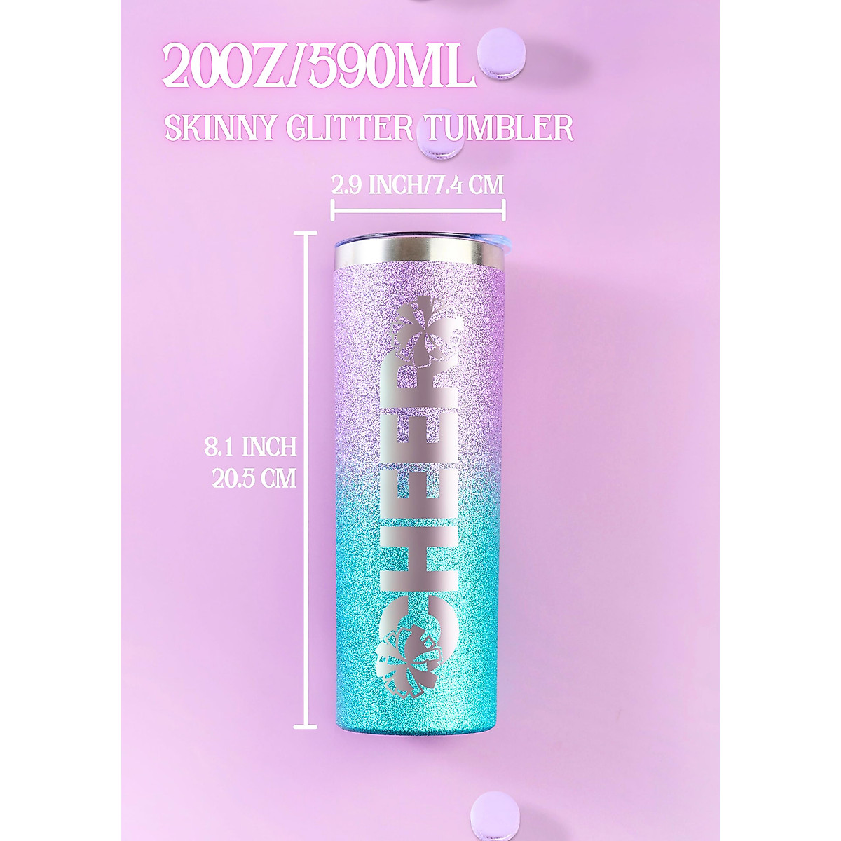 Onebttl Cheerleader Glitter Tumbler Gifts For Girls - Cheer - 20oz/590ml Stainless Steel Insulated Tumbler with Straw, Lid - Gift for Cheerleading, Coach or Cheer Squad - Glitter Purple Blue