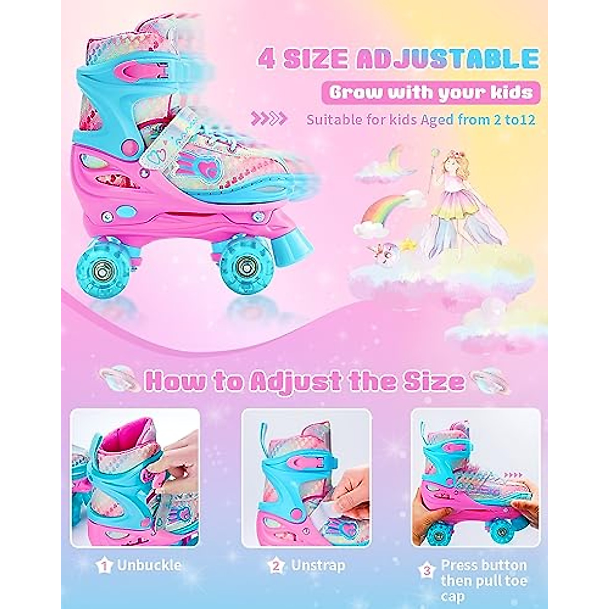 Sportneer Kids Roller Skates, Roller Skates with Protective Gear Set, Adjustable Roller Skates with 8 Light up Wheels, for Girls Kids Youth Beginner Indoor & Outdoor Use (1pair)