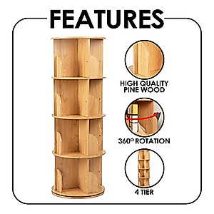 Rotating Bookshelf 360 Display, 4 Tier Floor Standing Bookcase for Kids & Adults, Solid Wood Narrow Spinning Bookshelf Organizer for Study Room, Living Room, Classroom & Bedroom.