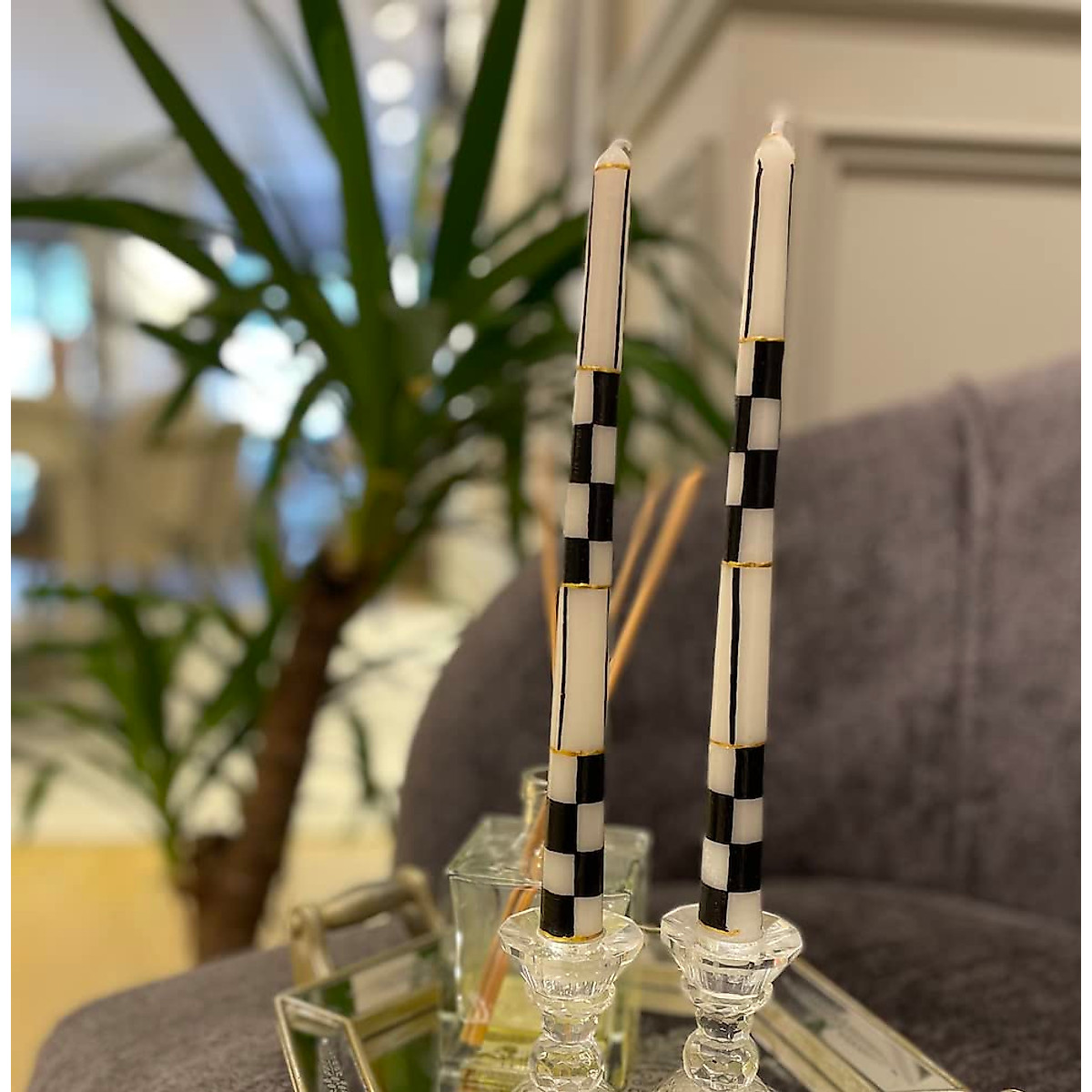 0 Handmade Decorative Hand Painted Taper Candles, 2 Pack | Checkered Black & White | for Dinner Table and Interior Decoration