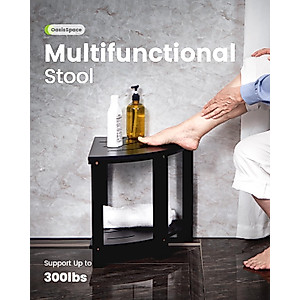 OasisSpace Bamboo Corner Shower Seat Shower Stool, Shaving Stool with Non-Slip Feet, Wood 2-Tier Seat with Storage Shelf for Bathroom, Living Room, Bedroom, Used for Seat or Organizer