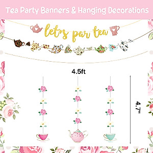 Hombae Tea Party Decorations, Rose Gold Let's Par Tea Balloons, Rose Foil Balloons, Tea Flower Cutouts for Wedding Bridal Shower Engagement Bachelorette Girls Tea Birthday Party