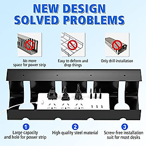 Under Desk Cable Management Tray, No Drill 2 x 15.7 in Steel Desk Cable Management Tray with Wire Organizer and Desk Cord Organizer, 2Pack Under Desk Black Cable Raceway for Cords